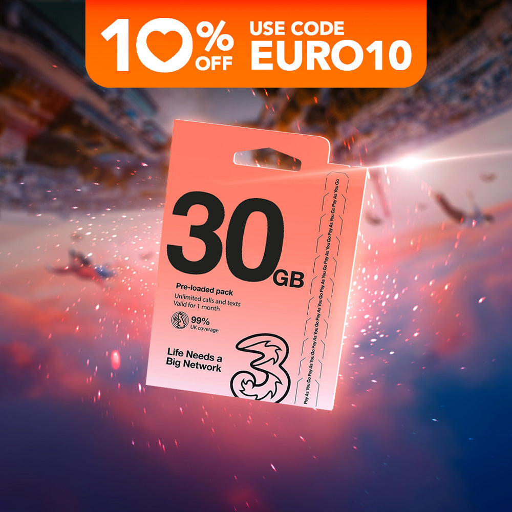 UK & Europe (72 Countries) Three 30GB Prepaid SIM – Hello1010